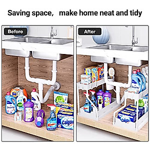 Puricon 2 Pack Under Sink Organizer, 2-Tier L-Shape Sliding Under Sink Organizers and Storage, Under Counter Storage Organizer Pull Out Under Sink Storage for Kitchen Bathroom -White
