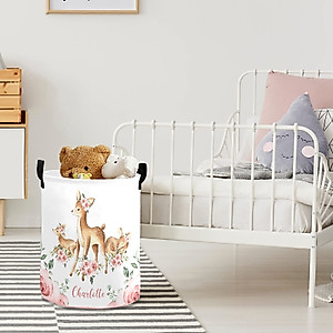 Personalized Laundry Basket Hamper,Floral Deer Pink,Collapsible Storage Baskets with Handles for Kids Room,Clothes, Nursery Decor