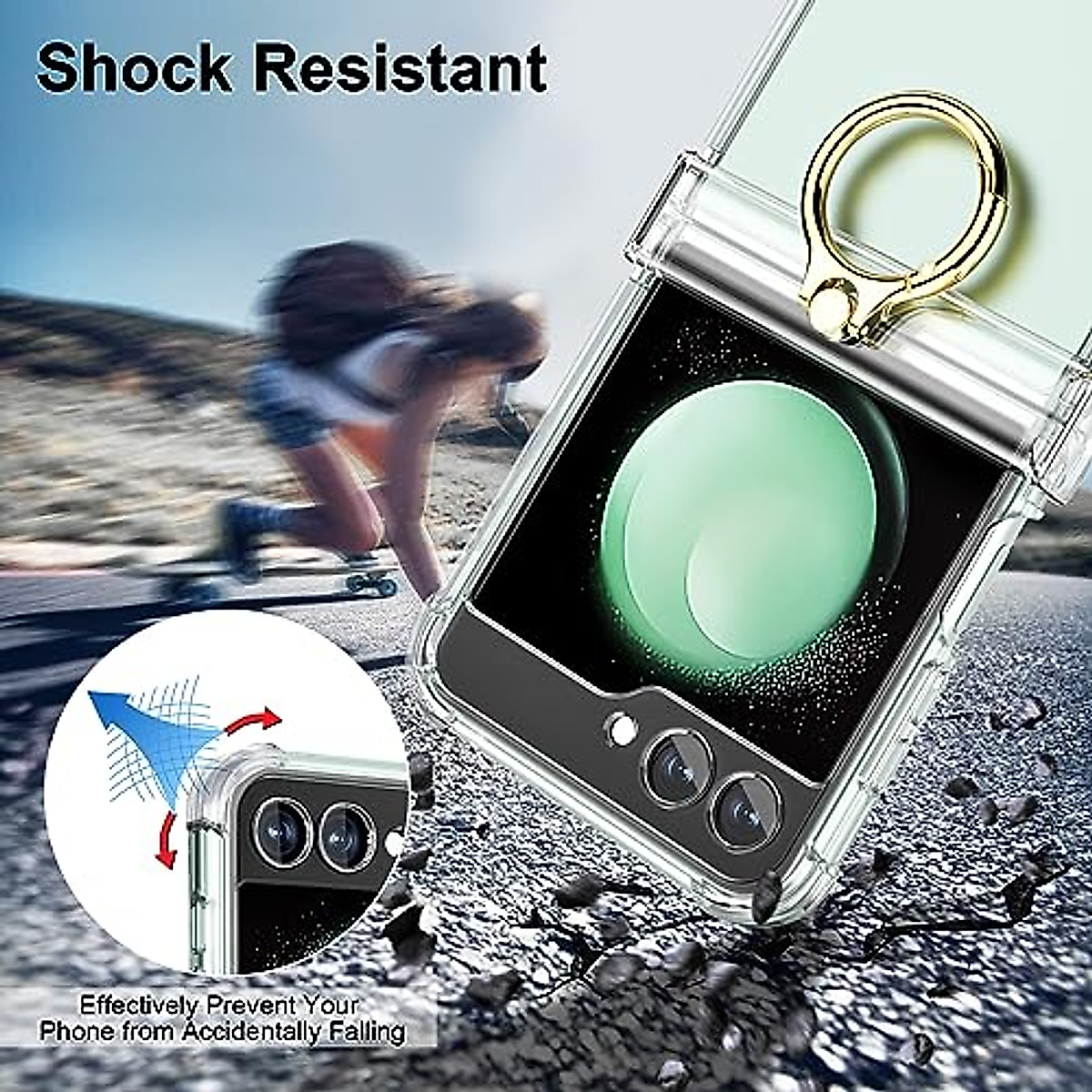 GOHHME for Samsung Galaxy Z Flip 5 Case TPU Shockproof Phone Cover Silm Thin Aesthetic Clear Phone Cases Rugged Tough Hard Covers with Ring Stand and Hinge Protection (Clear)