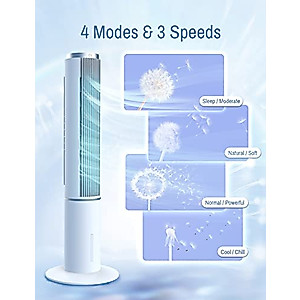 Evaporative Air Cooler - HiFresh 42-In Bladeless Tower Fan w/4 Ice Packs & Water Tank, 3 Speeds & Cooling Mode 600CFM Swamp Cooler, 70°Oscillation, 12-H Timer Remote Control for Large Room/Home/Office