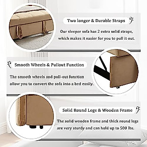Velvet Pull Out Sleeper Sofa, Convertible Futon Sofa Bed with USB Port, Modern Pullout Couch with Pillows and Pockets, Upholstered Small Loveseat for Living Room, Guest Room (Khaki)