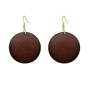 SMALLLOVE Wooden Earrings for Women Vintage African Bohemian Ethnic Wood Big Round Circle Geometric Lightweight Dangle Drop Hook Earrings (Dark brown)