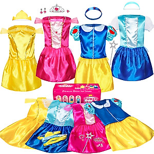 SOLIEHOO Girls Princess Dress Up Trunk, Pretend Play Costumes Princess Role Play Set 15pcs Girls Dress up Clothes with 4 Tops,4 Princess Dresses Crown Necklaces for Toddler Age 3 4 5 6 Years