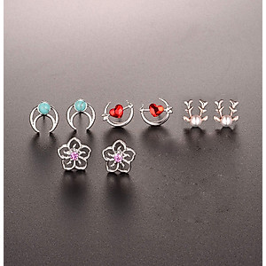 32 Pairs Assorted Stainless Steel Stud Earrings for -s Women Women-Cute Animal Faux Pearl Cat Elephant Sun Moon Star CZ Twise Heart Geometric Pattern Small Statement Bar Stud Earring Set (#5)