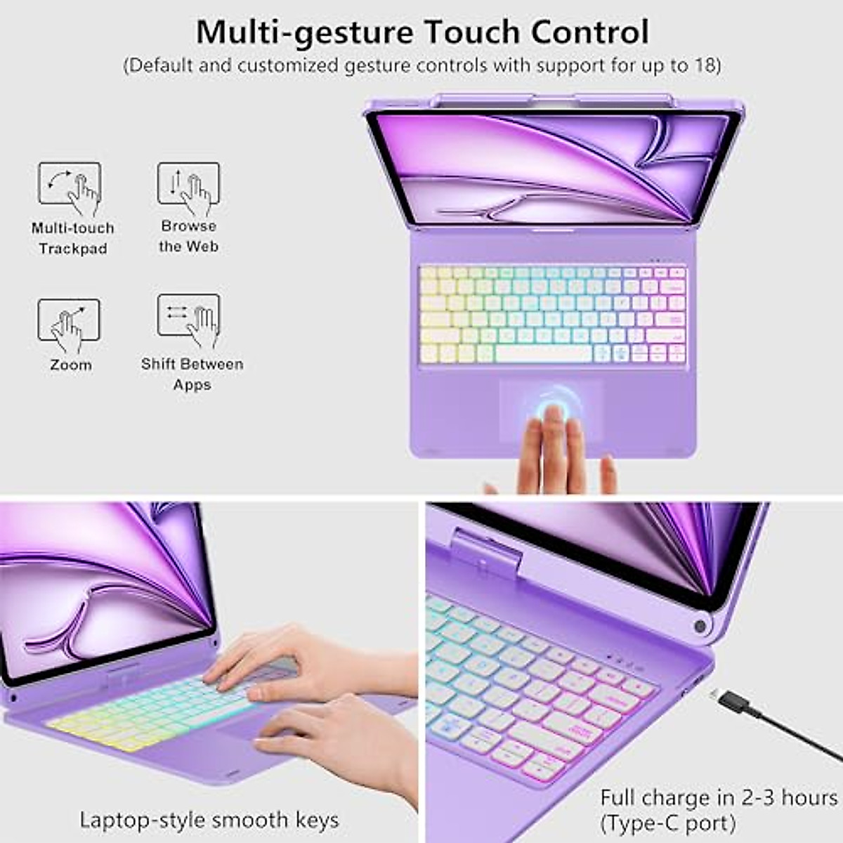 D DINGRICH Keyboard Case for iPad Pro 12.9 (6th/5th/4th/3rd Gen), Multi-Touch Trackpad, 360° Rotatable, Wireless Keyboard Cover, Rainbow Backlit with Apple Pencil Charging, Purple