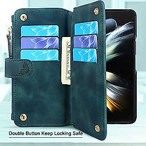 Lacass [Cards Theft Scan Protection 10 Card Slots Zipper Pocket Wallet Case Flip Leather Phone case Cover for Samsung Galaxy Z Fold 4 / z fold4 5G (2022)(Floral Cyan)
