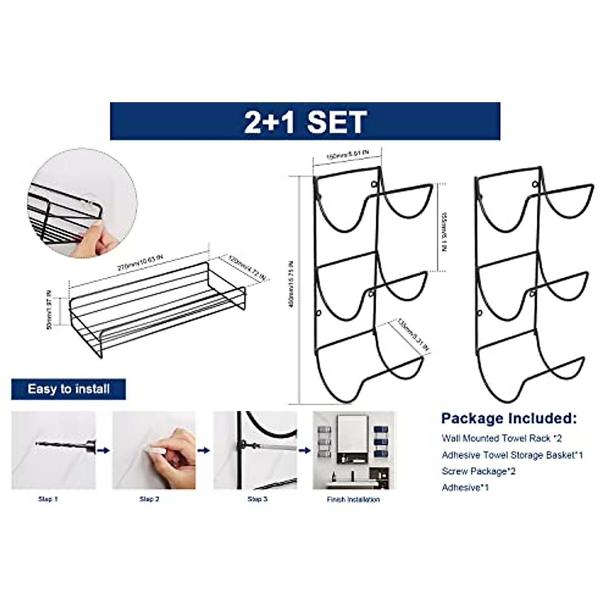 NearMoon Towel Rack Wall Mounted- All Metal Bathroom 2 Towel Rack Holders+ Hand Towel Storage Basket, Rustproof 3 Level Wine Rack Storage Organizer for Hand Towels, Washcloths, 2+1 Pack (Matte Black)