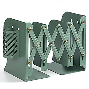 TIANSE Adjustable Bookends Book Holders for 3 Compartments Heavy Duty Metal Steel Book Organizer Stand Desktop Organizer Expandable Bookshelf with Pen Holder (Green 1 Pack)