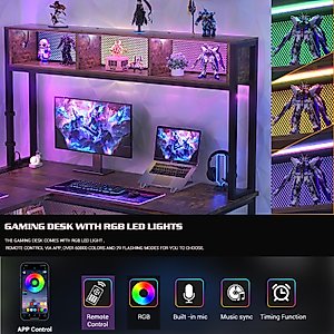 Aheaplus L Shaped Gaming Desk with LED Lights & Power Outlets, 55 Inch L-Shaped Computer Desk with Storage Shelf & Monitor Stand, Corner Desks 2 Person Reversible Desk Home Office Desk, Rustic Brown