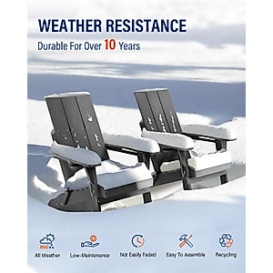 POWERWOOD Modern Adirondack Chair, Oversized HDPE Folding Adirondack Chairs Wood Texture, Higher Back All Weather Plastic Adirondack Chair Set with Cup Holder, Fire Pit Chairs for Outdoor Patio (Grey)