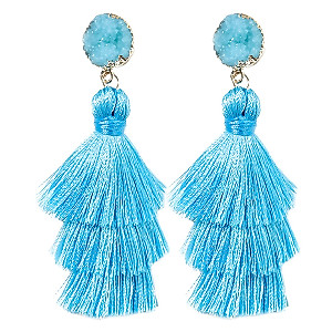 Rave Envy Colorful Tassel Earrings for Women - Light Blue Dangle Tassle 3 Tier Earrings