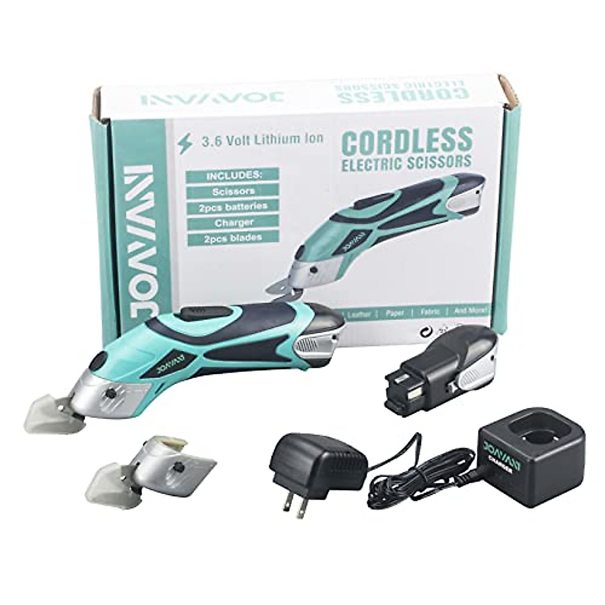 JOAVANI Cordless Electric Scissors for Cutting Fabric, Box, Cardboard Cutter, Carpet. Power Shears for Sewing, Scrapbooking, Crafting (2pc Battery, 2pc Blade - Lower Noise)