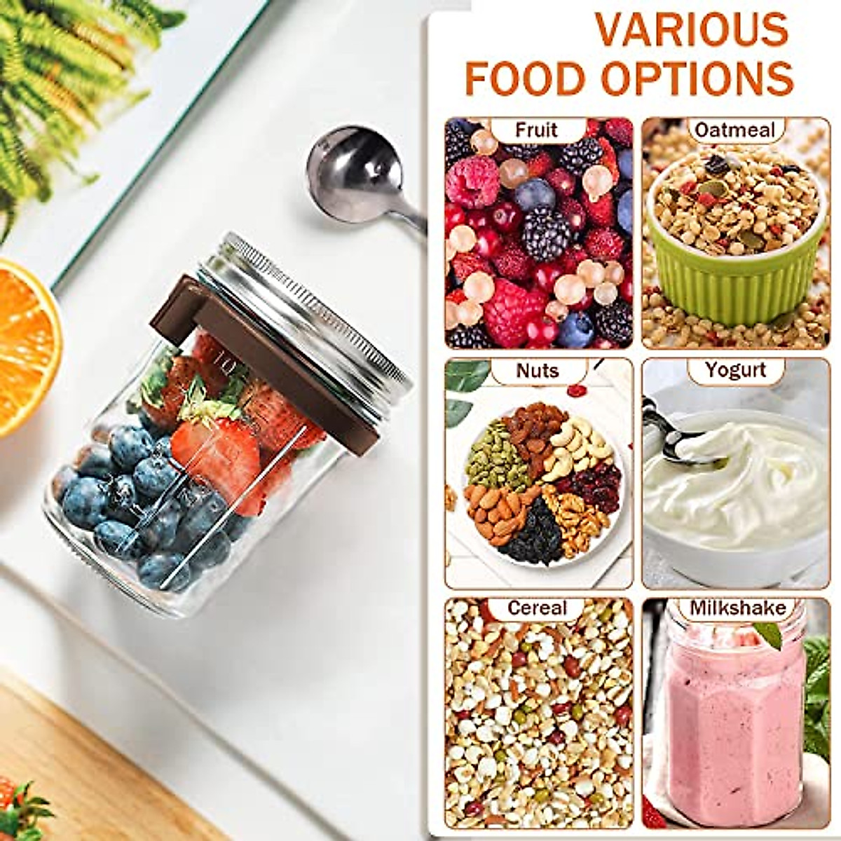 KesaPlan Overnight Oats Containers with Lid and Spoon, 10oz Airtight Large Capacity Mason Jar, 2PCS Leak-proof Oatmeal Jars with Measurement Marks, Reusable On The Go Parfait Cups for Yogurt Cereal