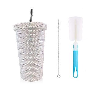 Studded Bling Diamond Tumbler Glitter Water Bottle with Lid Stainless Steel Vacuum Thermal Straw Tumbler Rhinestone Tumbler with 1pc Straw 2pcs Brushes for Girls Women (500ml-silver)