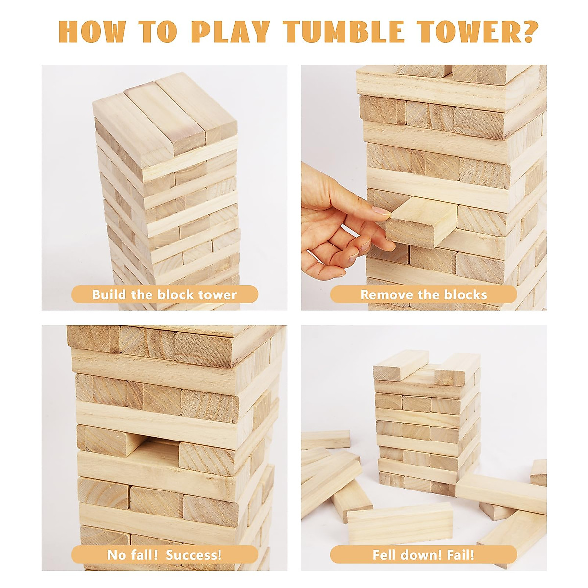 WOODENFUN Large Wooden Tumbling Tower Game, Stack to Over 18 in 57pcs Jumbo Yard Games Outdoor Timber Stacking Game Night Toy Gift for Kids Adults Family