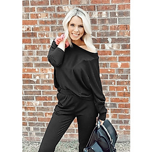 PRETTYGARDEN Women's 2024 Fall Fashion Outfits 2 Piece Sweatsuit Solid Color Long Sleeve Pullover Long Pants (Black,Medium)