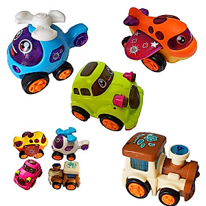 Himeeu Set of 4 Push and Go Friction Powered Vehicles,Toys Train Helicopter Airplane Car, Inertia Car Toys for Toddlers,Construction Vehicles