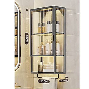 Wall Mounted Bathroom Cabinet with Towel Bar, Modern Home Washroom Vanity Cosmetic Storage Cabinet, Vanity Toilet Above Storage Display Rack, Multipurpose Hanging Cabinet for Laundry Room/Balcony