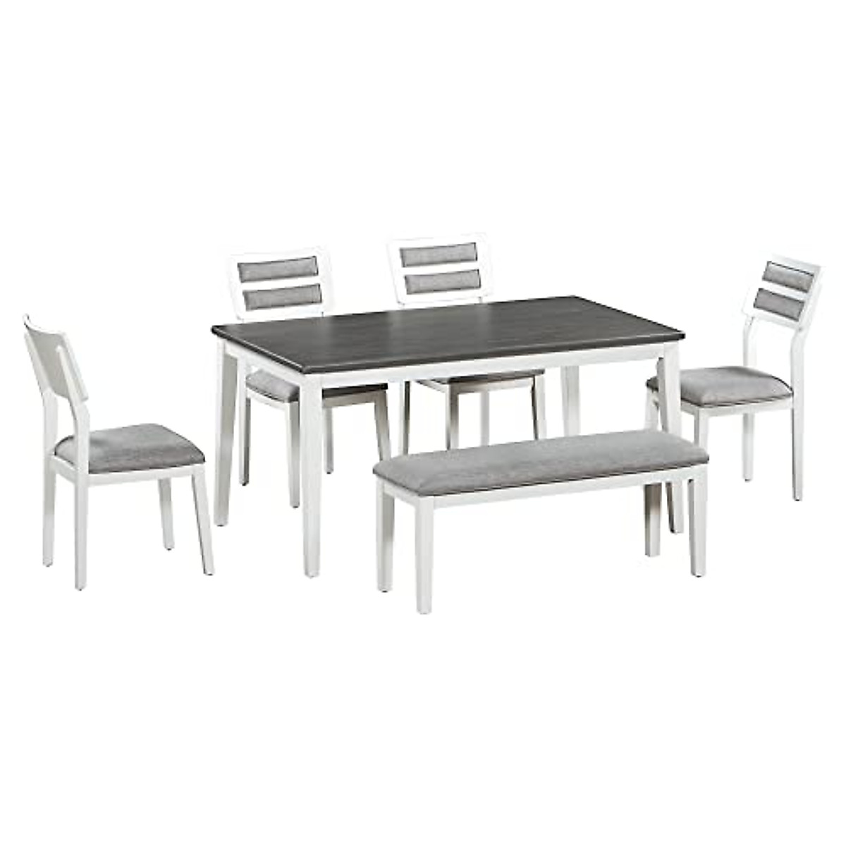 Goozio 6 Piece Dining Table Set,Wood Dining Table and 4 Upholstered Chairs and Bench with Cushion, Classic Traditional Style Kitchen Table Set for 6 Person,White+Gray