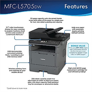 Brother MFC-L5705DW All-in-One Wireless Monochrome Laser Printer, Print Copy Scan Fax, Duplex (2-Sided), Ethernet, Hi-Speed USB 2.0, 42ppm, 1200x1200 dpi, 3.7" Touch LCD, PCM