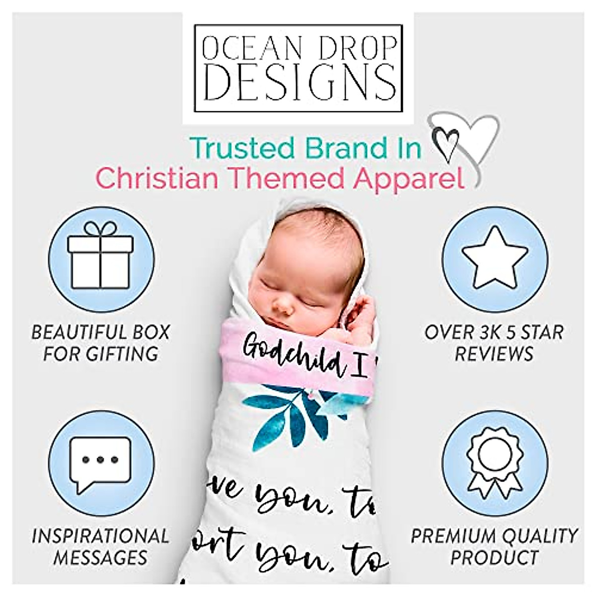 Ocean Drop Designs 100% Cotton Baby Blanket - Muslin Swaddle Blankets, Baby Swaddle, Newborn Swaddle, Receiving Blankets, Gender Neutral Baby Gift, Christian Baby Gifts, Baptism Gifts for Boys & Girls