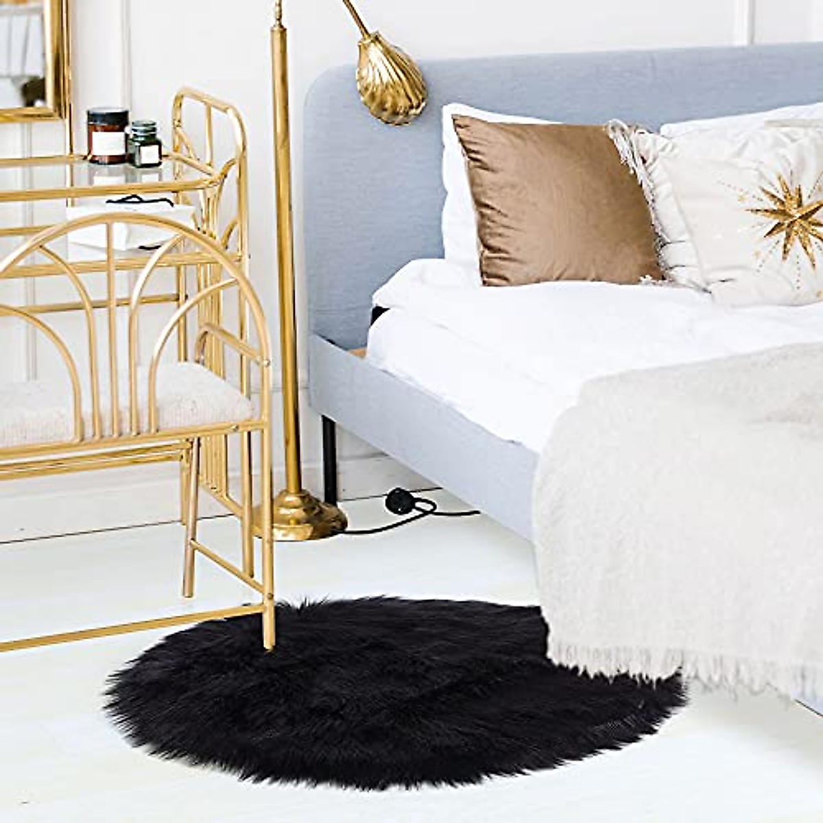 uxcell Faux Fur Round Rug,Fluffy Area Mat,Fluff Rugs for Bedroom Floor Sofa Living Room 2 x 2 Feet Black
