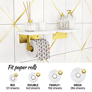 Double SHELVE Toilet Paper Holder with Natural Marble Shelf, Screw Wall Mounted, Tissue Roll Holder for Bathroom Gold
