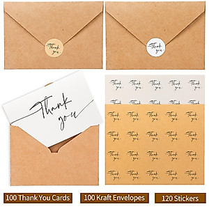 miikoul 100 Pieces Thank You Cards with Kraft Envelopes & Stickers 4x6 Inch Minimalistic Design Bulk Thank You Note for Thanksgiving Day,Baby Shower, Wedding,Business, Doctor,Teachers