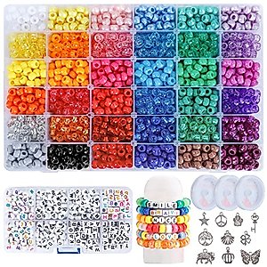 Quefe 3850pcs Pony Beads Kit, 3060pcs Rainbow Opaque Beads and 790pcs Letter Beads, 36 Colors 10 Pendants and 3 Rolls Crystal String for Bracelets Jewelry Necklace Making Crafts