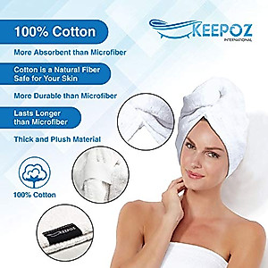 KEEPOZ Hair Towel Wrap Quick Dry 100% Cotton Super Absorbent Turban Head Wrap for Women with Button, Non Microfiber Anti Frizz Hair Products, Hair Cap for Curly, Long & Thick Hair (1Pc)(White)