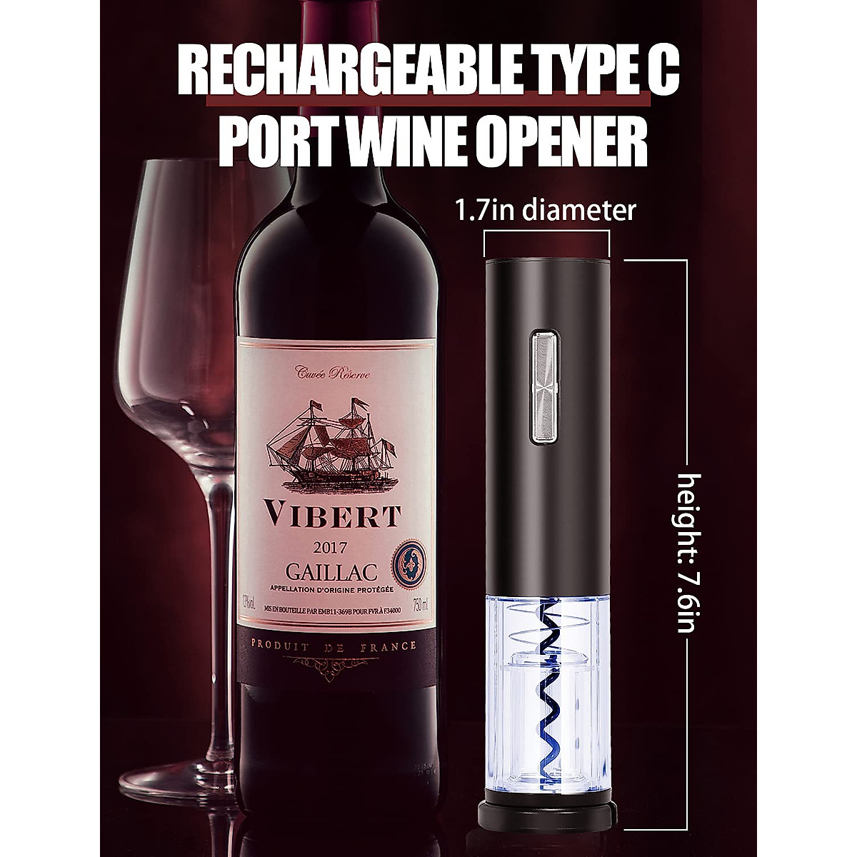 Electric Wine Bottle Opener, CielClair 6-in-1 Rechargeable Automatic Corkscrew Wine Opener Set with Foil Cutter, Wine Pourer, Wine Vacuum Stopper, Mini Champagne Stopper, Reusable Wine Gifts, Black