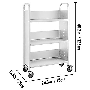 VEVOR Book Cart, 200LBS Library Cart, 49.2''x35.4''x18.9'' Rolling Book Cart, Double Sided W-Shaped Sloped Shelves with Lockable Wheels for Home Shelves Office School Book Truck White