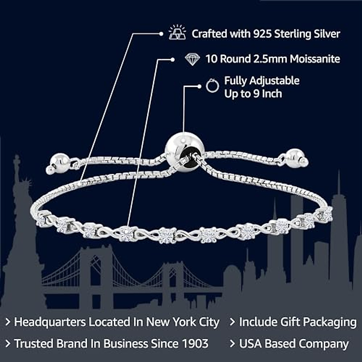Gem Stone King 925 Sterling Silver 2.5MM Round Gemstone Birthstone Tennis Bracelet | Fits Up To 9 Inch Wrist | Adjustable Bolo Bracelet For Women | Easy-On Easy-Off