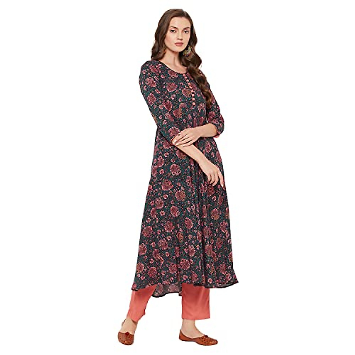 Tissu Women's Rayon Green & Pink Floral Printed A-Line Kurta 2201_Green_L