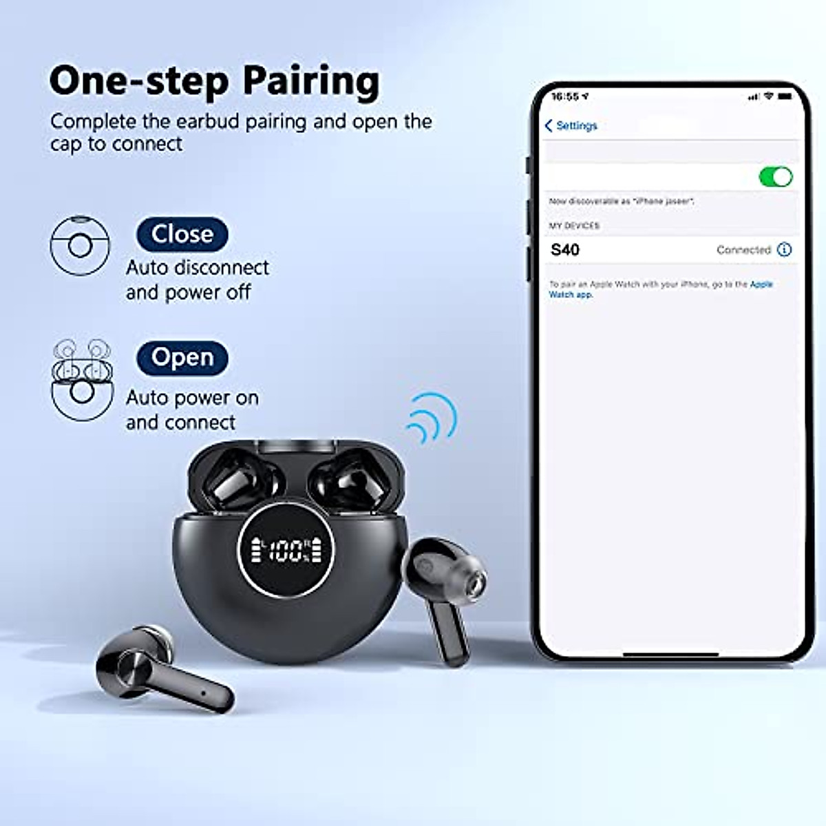 Tianeer Wireless Earbuds, Bluetooth 5.2 Stereo Earbuds, 48H Playtime with LED Power Display, Bluetooth Headphones with Noise Cancelling Mic, IPX7 Waterproof Deep Bass Earphones for Sports and Work