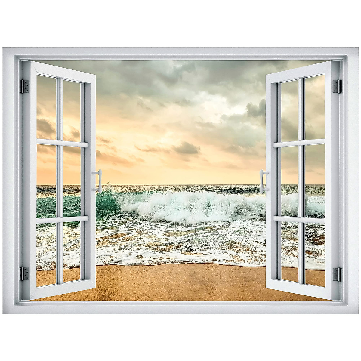 SIGNWIN Removable Wall Sticker/Wall Mural Window View Beach Wave Sunset Seascape Nature Wilderness Photography Realism Decorative Landscape Digital Art for Living Room, Bedroom, Office - 36"x48"