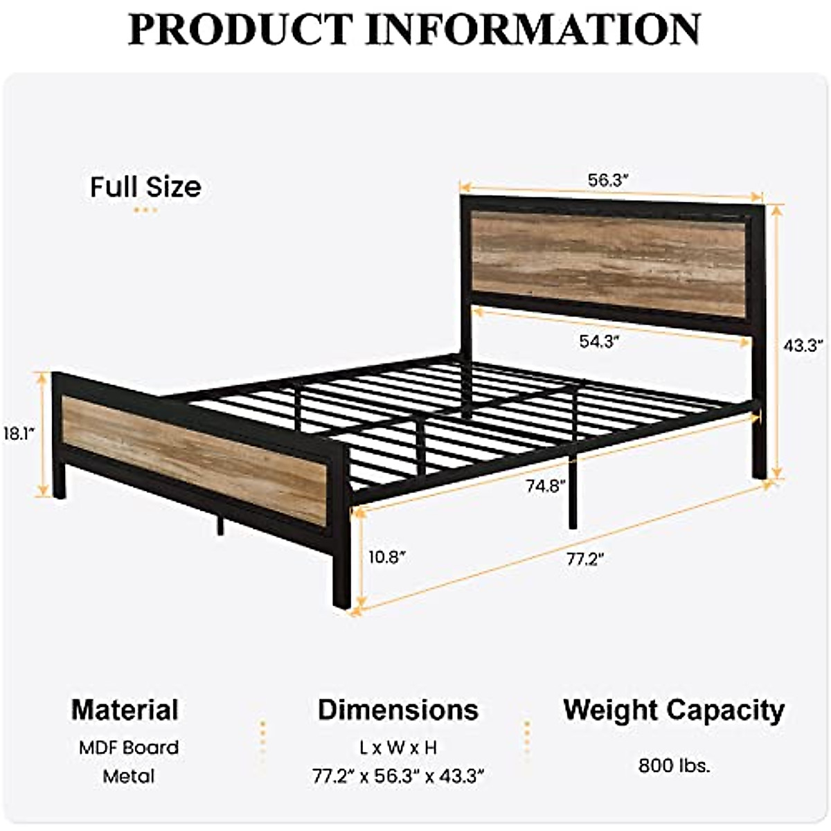 SHA CERLIN Heavy Duty Full Size Bed Frame/Metal Platform Bed with Rivet Wooden Headboard Footboard/ 13 Strong Steel Slats Support/No Box Spring Needed/Mattress Foundation/Easy Assembly