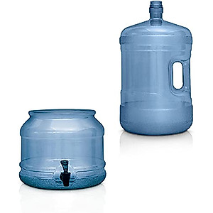 BPA Free Water Dispenser Base with Spigot & 5 Gallon Water Jug Set - Transparent Blue - for Countertops or Stands - Complete Set