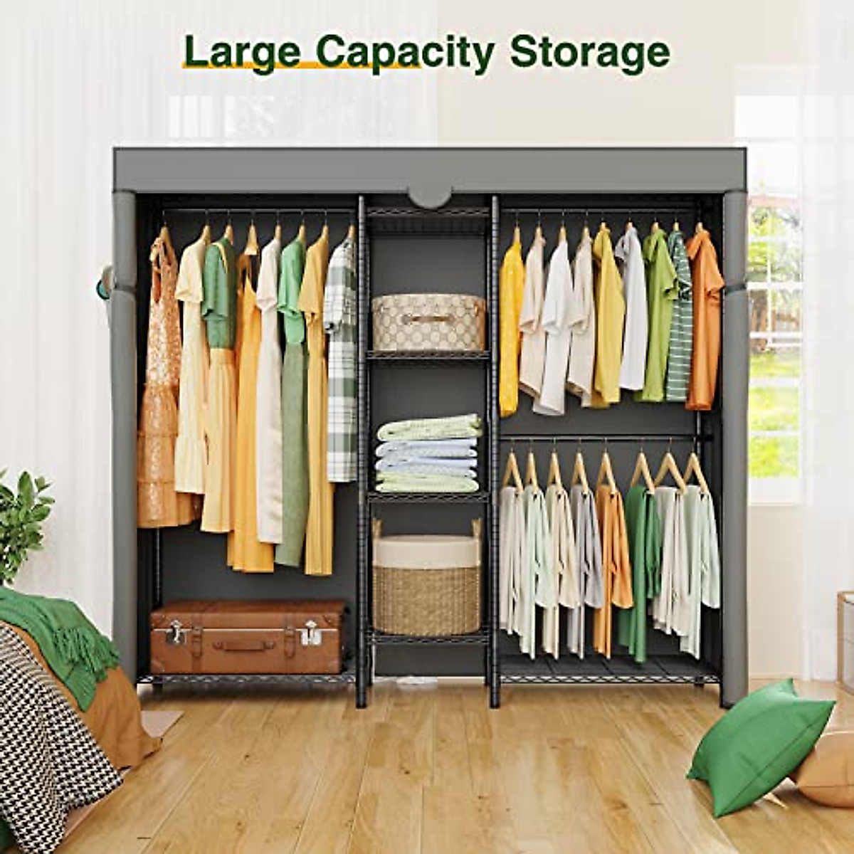 LEHOM G6C Heavy Duty Clothes Rack with Cover, Wire Garment Rack for Hanging Clothes, Compact Closet Storage Clothing Rack with Gray Oxford Fabric Cover, Adjustable Hanging Clothes Racks for Bedroom