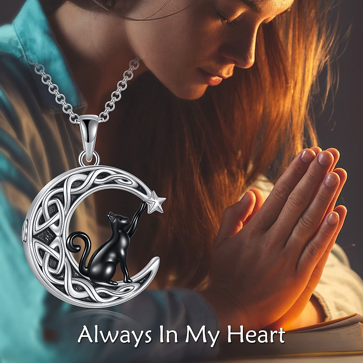 SHEAISRS Celtic Moon Black Cat Urn Necklace for Ashes Moon Cat Cremation Jewelry for Women Sterling Silver Cat Jewelry Moonstone Necklace for Cat Lovers