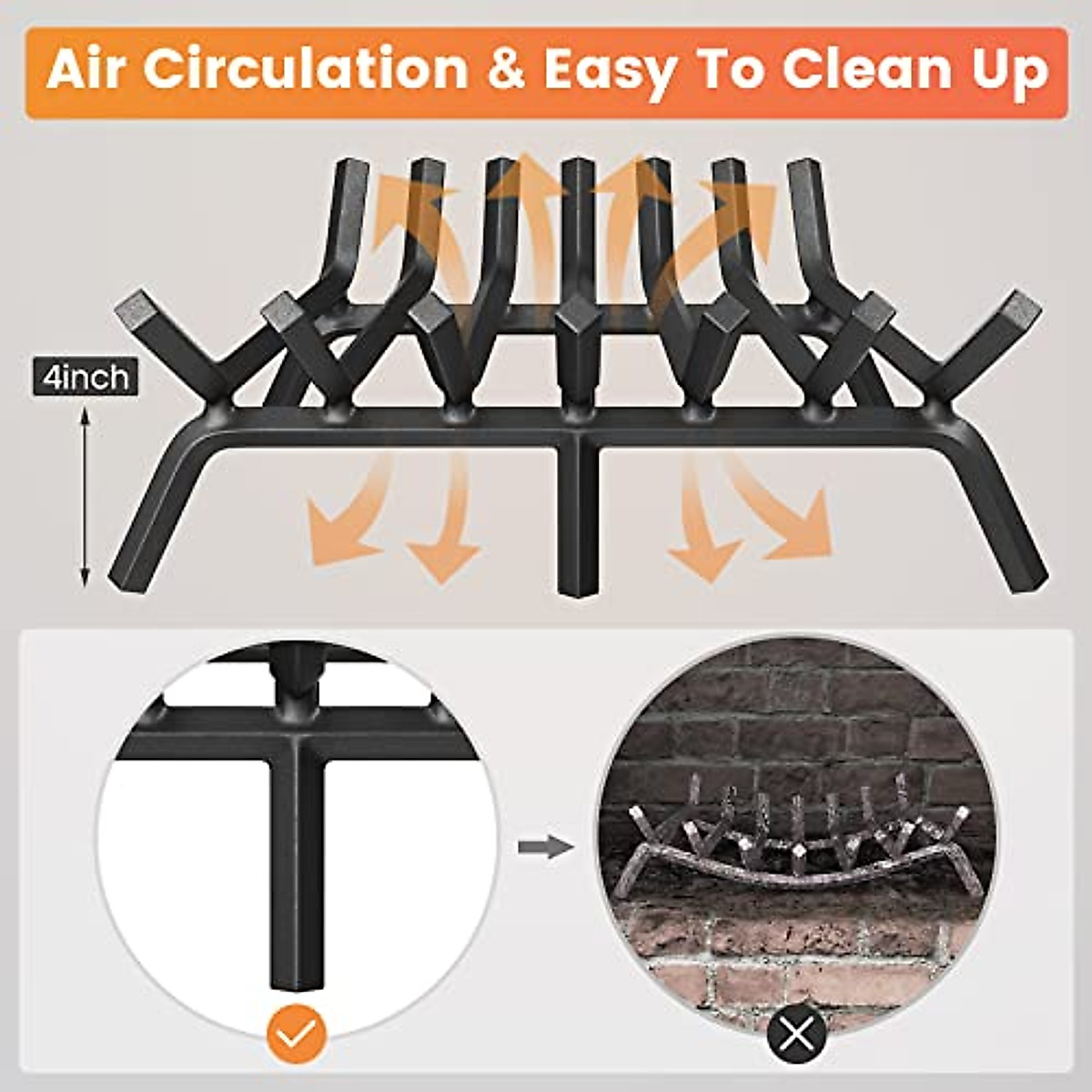 HYTXEN 24 inch Fireplace Grate Heavy Duty Solid Steel Indoor Chimney Hearth Bar Fire Grates for Outdoor Kindling Tools Pit Wrought Iron Wood Stove Firewood Burning Rack Holder Black