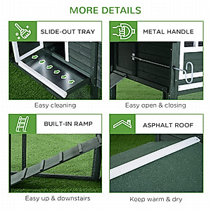 PawHut 84" Wooden Chicken Coop, Hen House Outdoor with Run Nesting Box, Asphalt Roof, Removable Tray, Ramp, Poultry Cage for 2-3 Chickens, Green