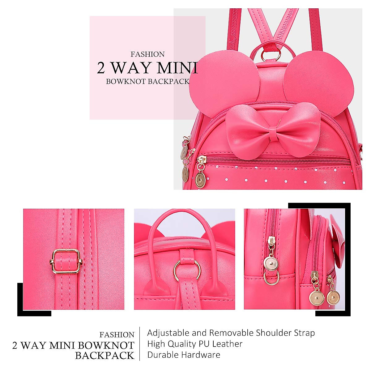 KL928 Girls Mini Backpack Bowknot Polka Dot Cute Small Daypacks Convertible Shoulder Bag Purse for Women