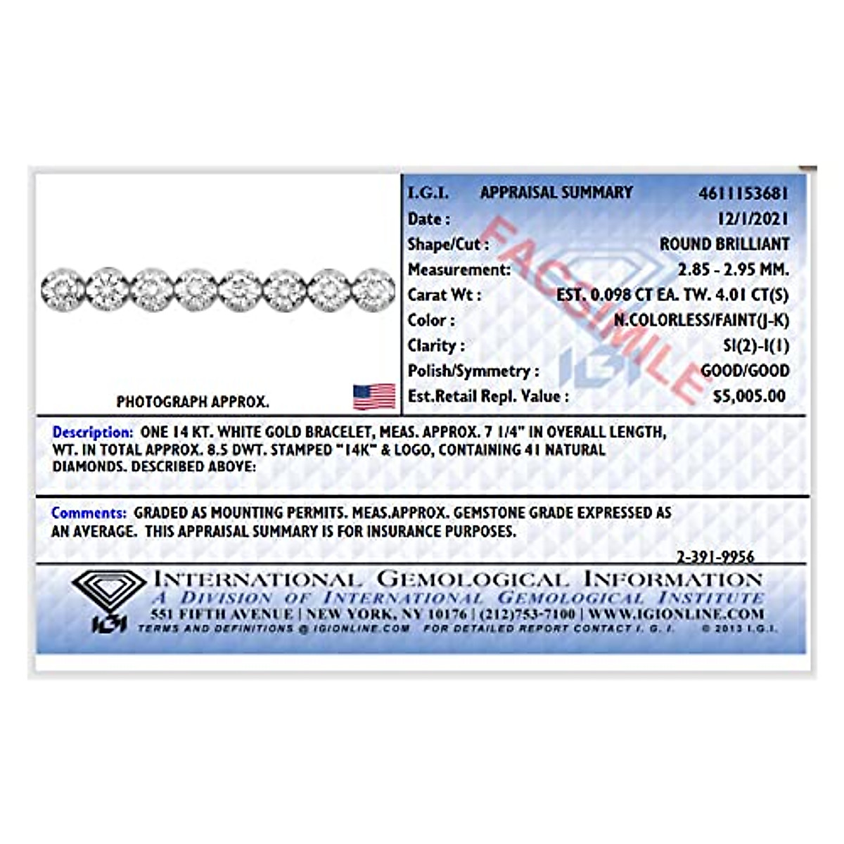 Vir Jewels 4 cttw IGI Certified SI2-I1 Clarity Diamond Bracelet 14K White Gold J-K 7 Inch