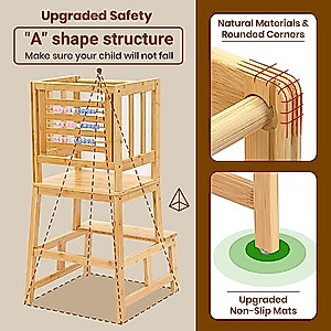 Cosyland Kids Kitchen Step Stool with Safety Rail -Toddler Kitchen Stool Helper Montessori Kids Learning Stool,Baby Standing Tower for Counter, Multi-Function with Abacus and whiteboard