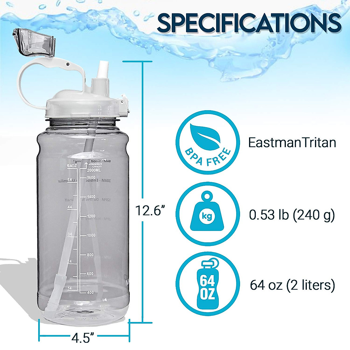 El Maigo Motivational Half Gallon Water Bottle with Straw & Time Marker - Leakproof Flip Top 64 OZ Water Bottle - Reusable BPA Free Tritan Large 2 Liter Water Jug for Fitness Gym and Outdoor Sports