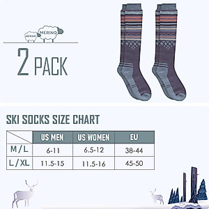 OutdoorMaster Ski Socks 2-Pack Merino Wool, Non-Slip Cuff for Men & Women - Gray, L/XL