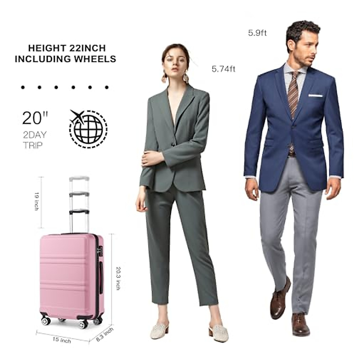 Kono 20'' Carry on Luggage Lightweight with Spinner Wheel TSA Lock Hardside Luggage Airline Approved Carry on Suitcase Pink