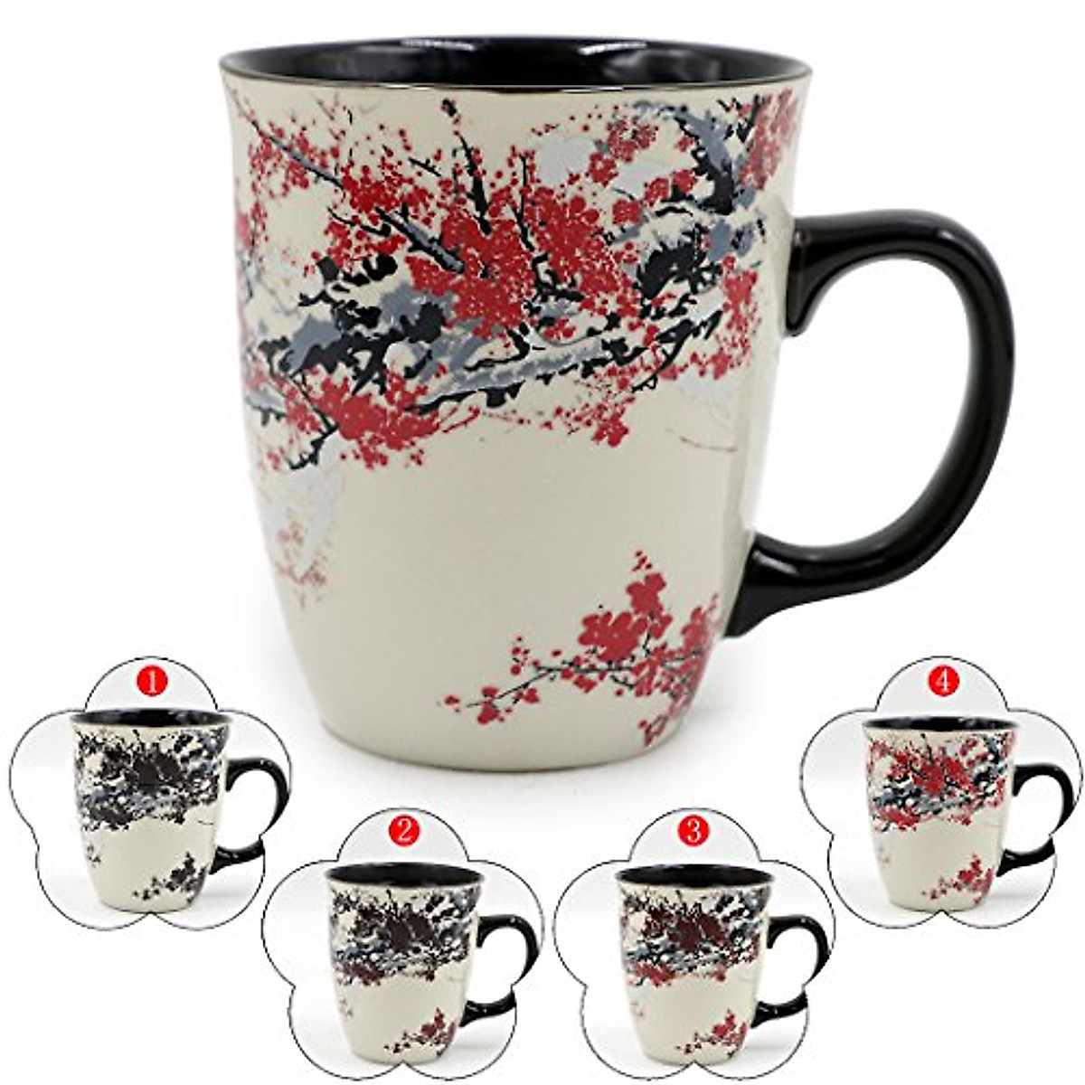Asmwo Color Changing Heat Sensitive Magic Funny Art Mug Large Coffee Tea Plum Blossom Porcelain Mugs for Women Mom grandma Gifts 16oz Black Change Glow Red Cups