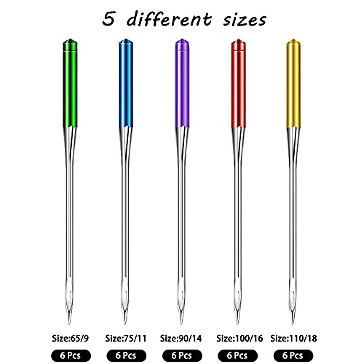 30 Pieces Sewing Machine Needles Universal Regular Point Machine Needles for Singer, Brother, Janome Home Sewing Machine with Size in HAX1 65/9, 75/11, 90/14, 100/16, 110/18 (5 Colors)